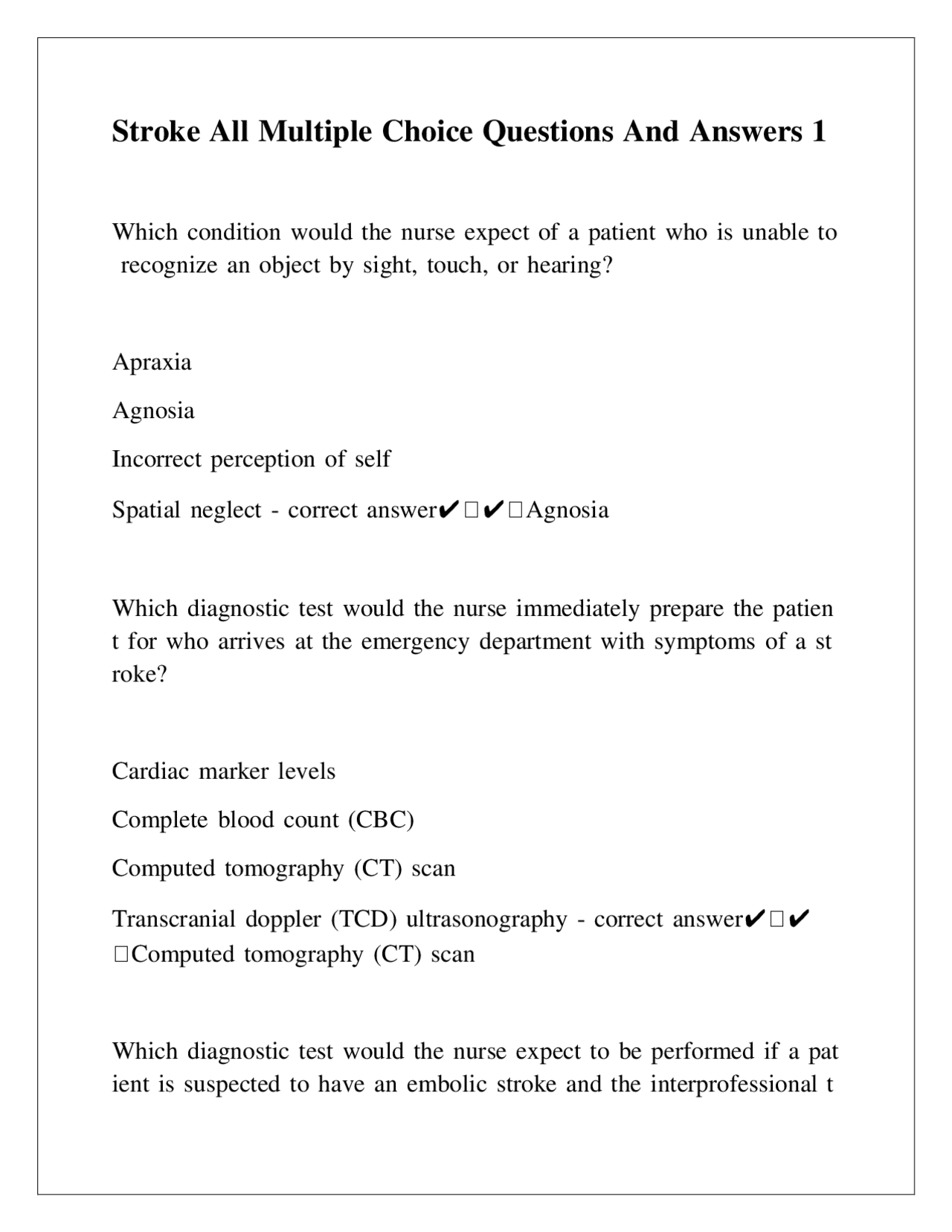 Stroke All Multiple Choice Questions And Answers 1.pdf | Exams Nursing ...