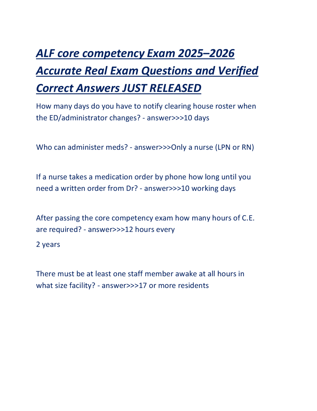 ALF core competency Exam 2025–2026 Accurate Real Exam Questions ...
