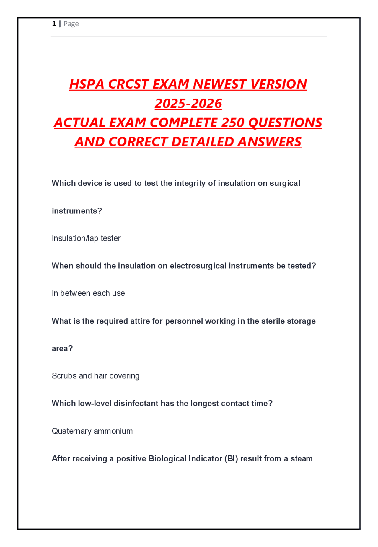 HSPA CRCST EXAM NEWEST VERSION 2025-2026 ACTUAL EXAM COMPLETE 250 ...