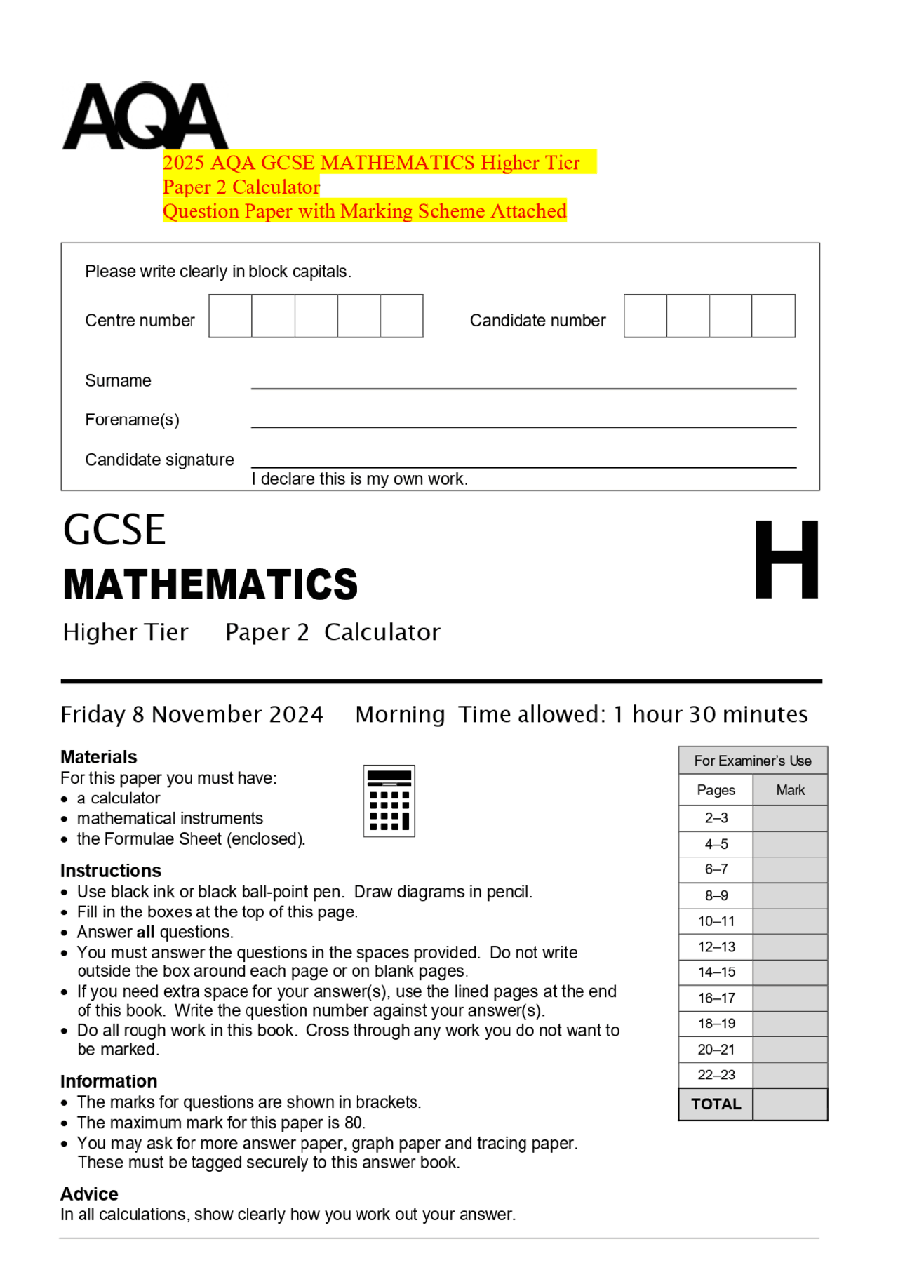 2025 AQA GCSE MATHEMATICS Higher Tier Paper 2 Calculator Question Paper ...