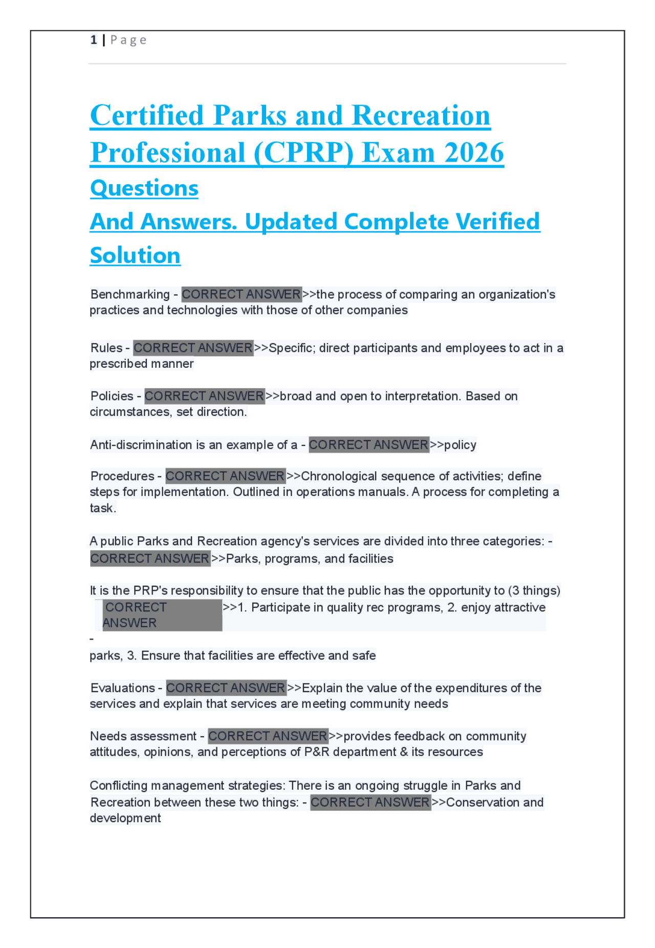 Certified Parks and Recreation Professional (CPRP) Exam 2026 Questions ...