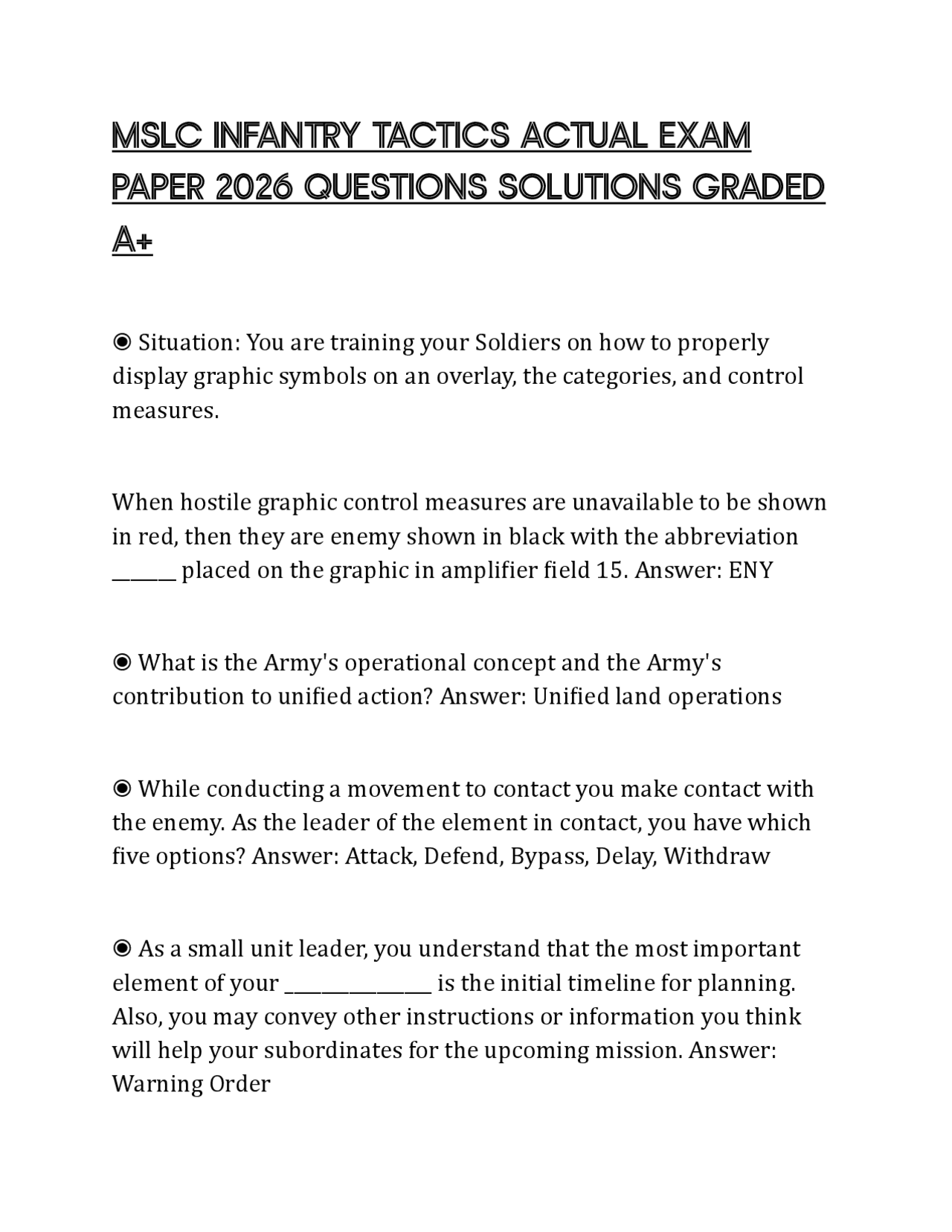 MSLC INFANTRY TACTICS ACTUAL EXAM PAPER 2026 QUESTIONS SOLUTIONS GRADED ...
