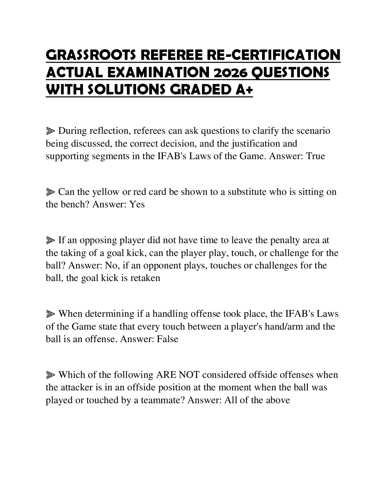GRASSROOTS REFEREE RE-CERTIFICATION ACTUAL EXAMINATION 2026 QUESTIONS ...