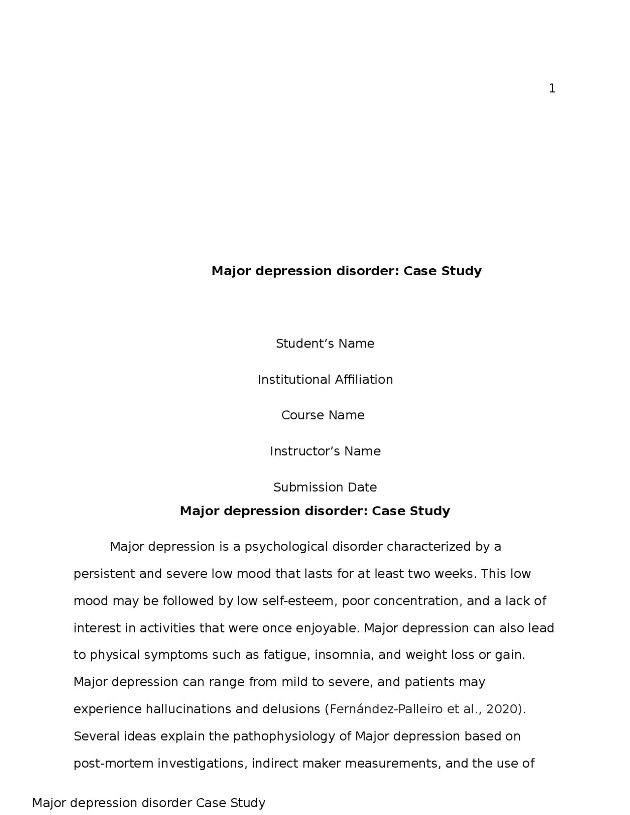 Major depression disorder Case Study | Exams Nursing | Docsity
