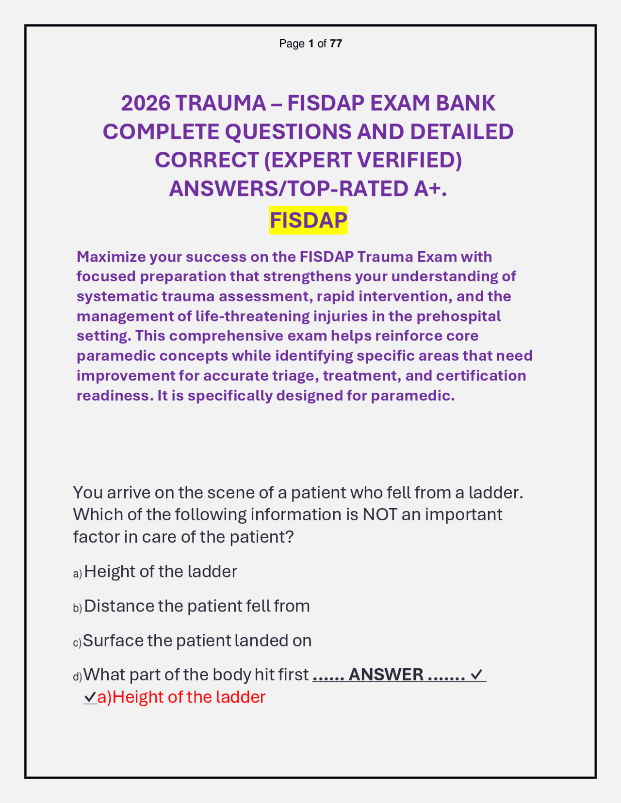 2026 TRAUMA – FISDAP EXAM QUESTION AND ANSWER | Exams Medicine | Docsity