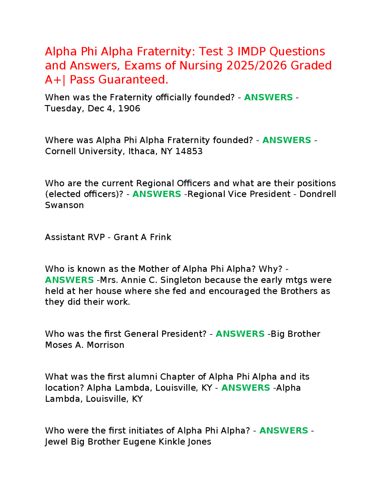 Alpha Phi Alpha Fraternity: Test 3 IMDP Questions and Answers, Exams of ...