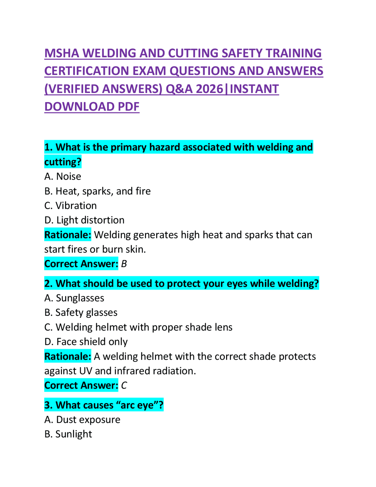 MSHA Welding and Cutting Safety Training Certification – Exam Questions ...