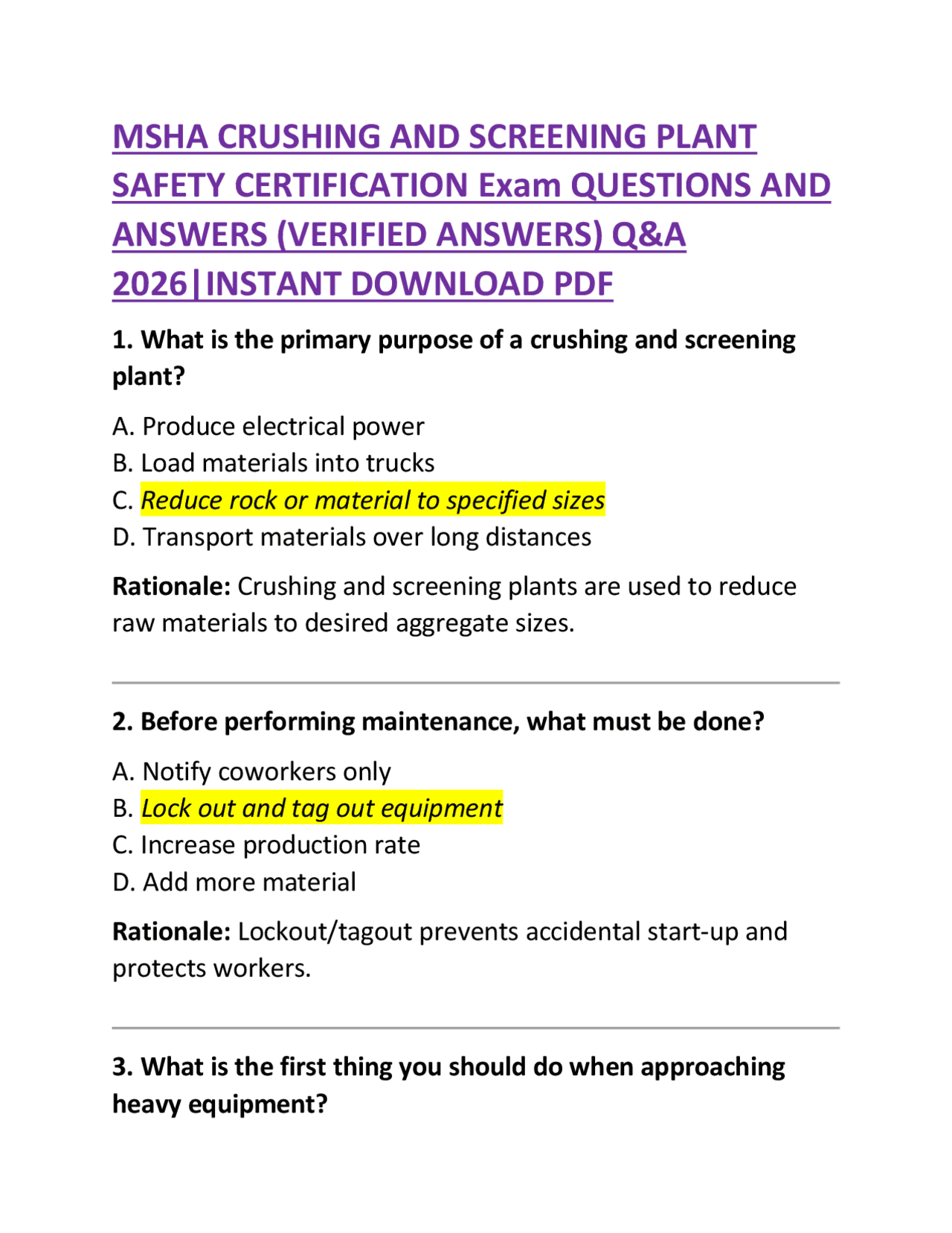 MSHA Crushing and Screening Plant Safety Certification – Exam Questions ...