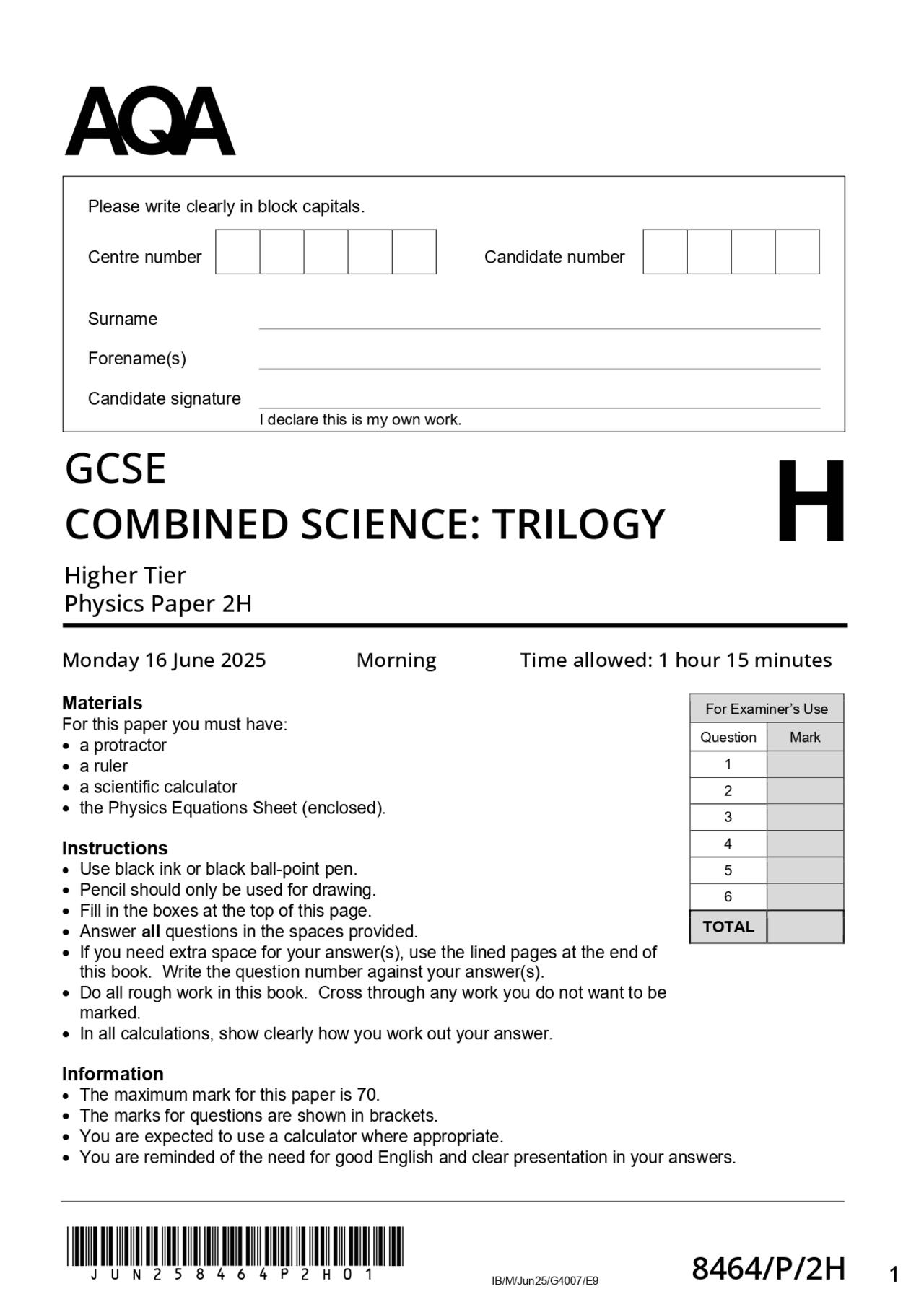 . 2025 AQA GCSE COMBINED SCIENCE: TRILOGY 8464/P/2H PHYSICS Paper 2H ...