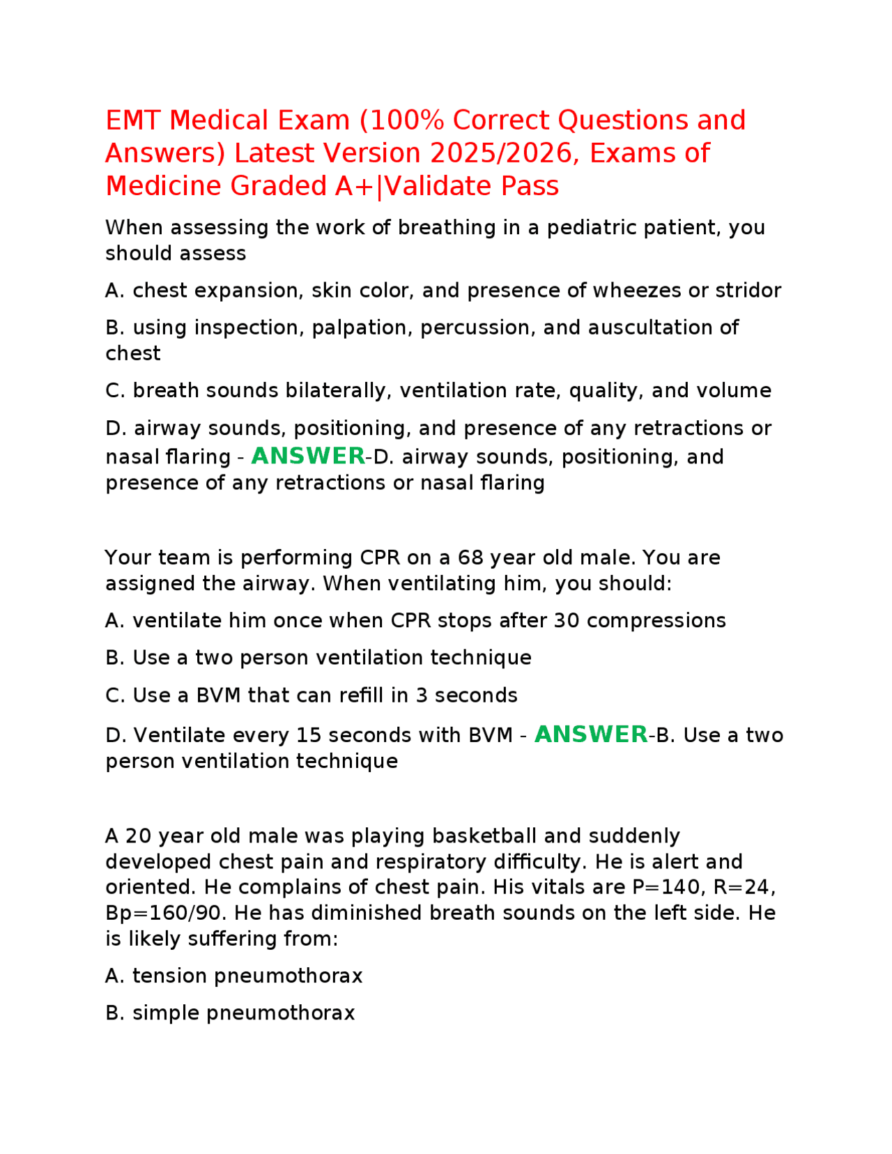 EMT Medical Exam (100% Correct Questions and Answers) Latest Version ...