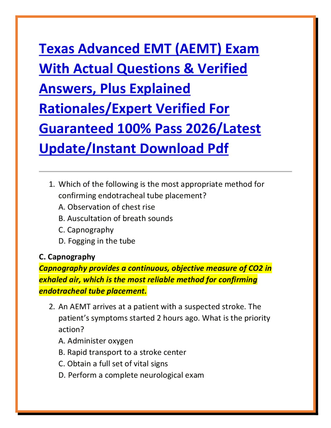 Texas Advanced EMT (AEMT) Exam With Actual Questions & Verified Answers ...