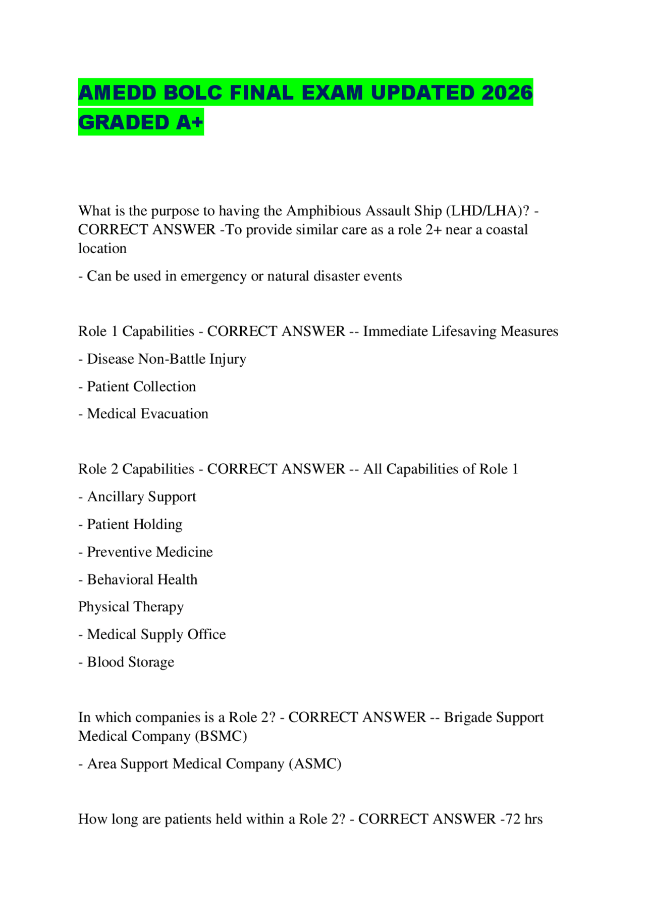 AMEDD BOLC FINAL EXAM UPDATED 2026 GRADED A+ What is the purpose to ...