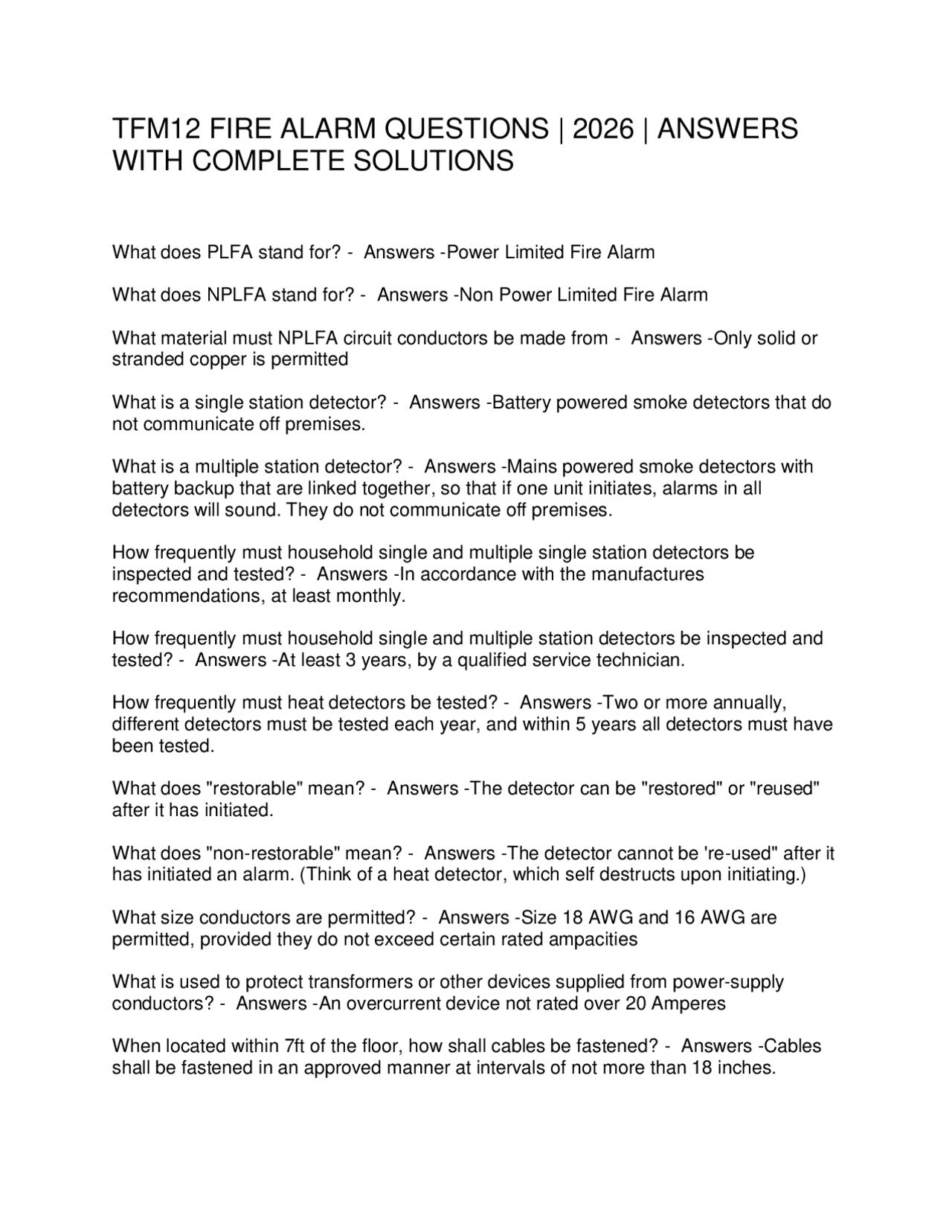 TFM12 FIRE ALARM QUESTIONS 2026 ANSWERS WITH COMPLETE SOLUTIONS | Exams ...