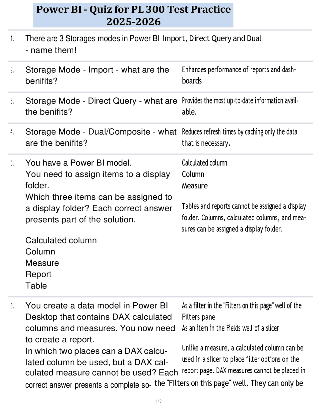 Power BI- Quiz for PL 300 Test Practice 2025-2026 | Exams Advanced Data ...