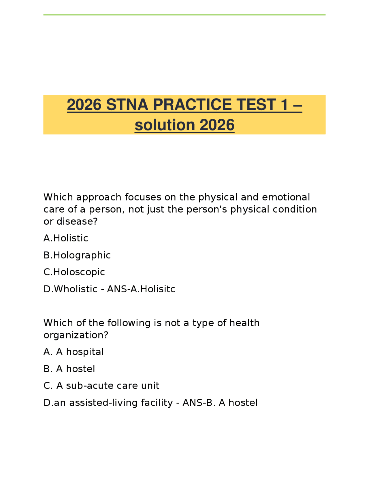 2026 STNA PRACTICE TEST 1 – solution 2026.docx | Exams Nursing | Docsity