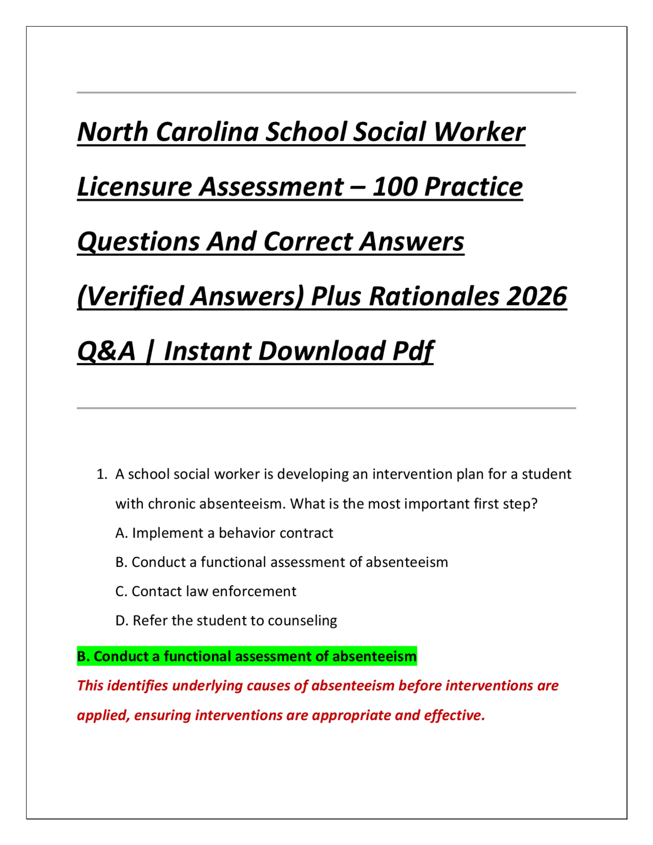 North Carolina School Social Worker Licensure Assessment – 100 Practice ...