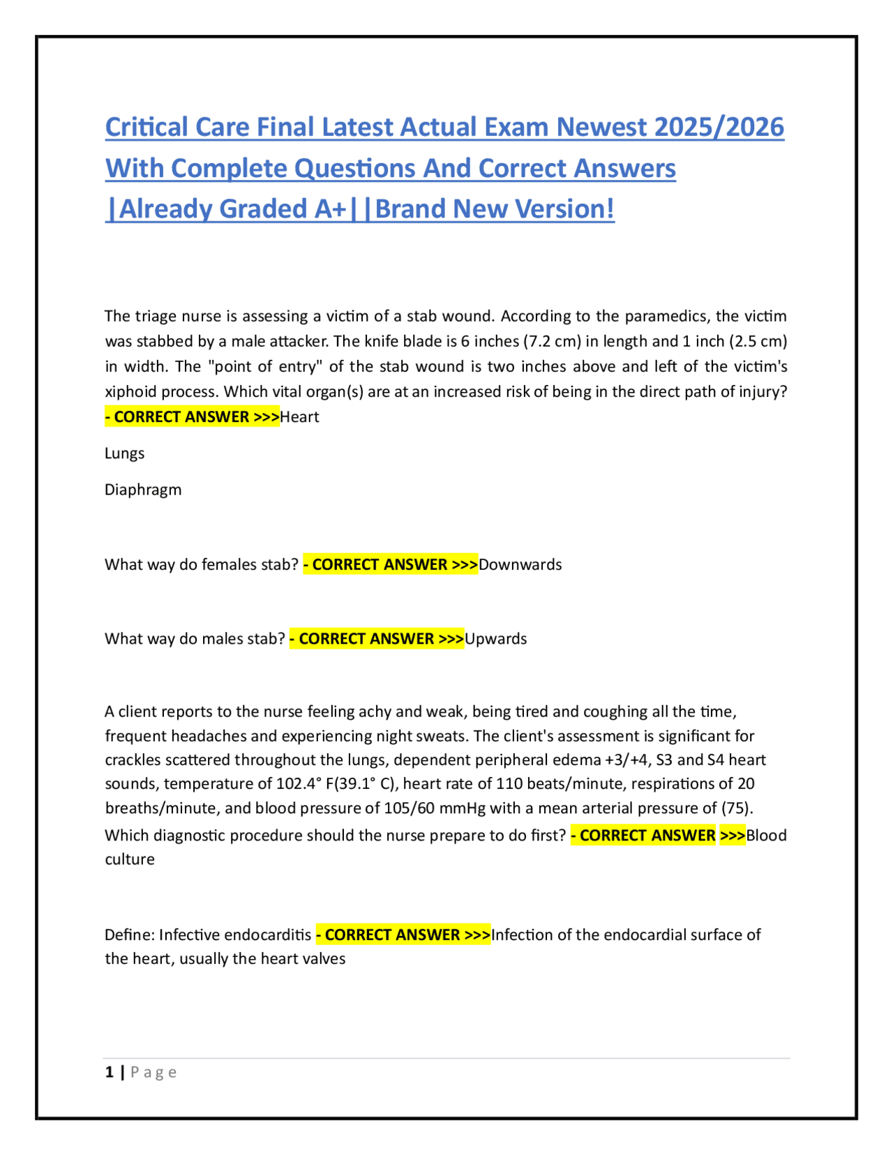 Critical Care Final Latest Exam Newest 2025/2026 With Complete ...