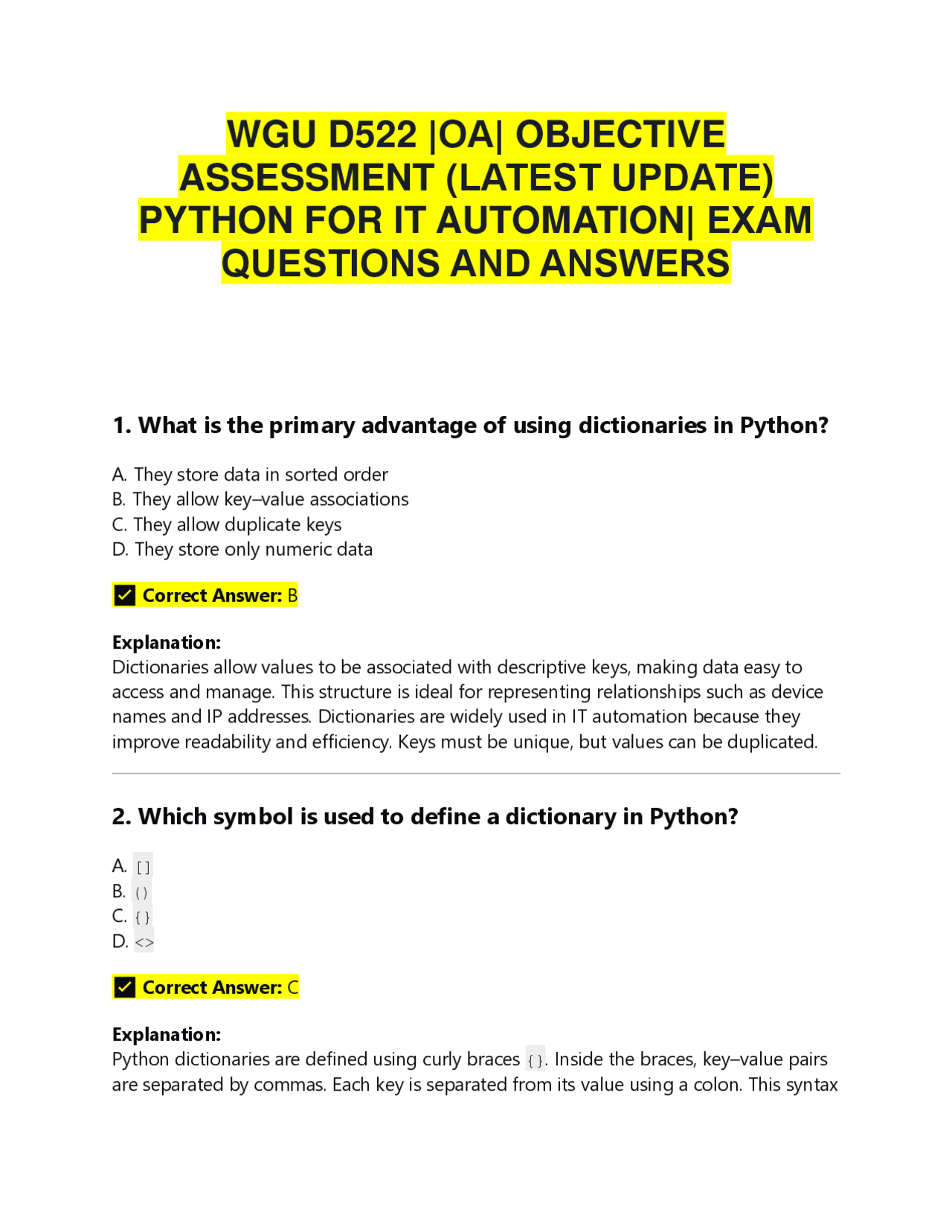WGU D522 OA OBJECTIVE ASSESSMENT (LATEST UPDATE) PYTHON FOR IT ...