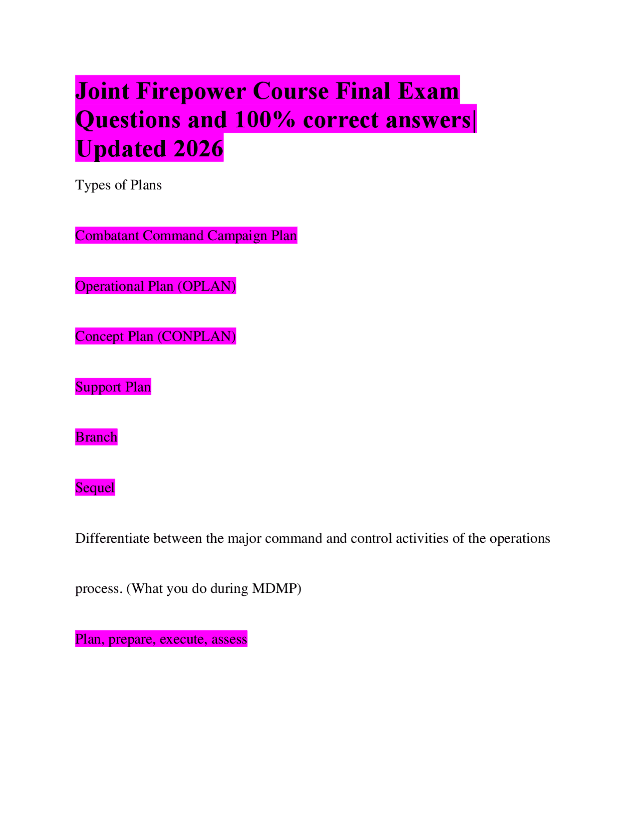 Joint Firepower Course Final Exam Questions and 100% correct answers ...