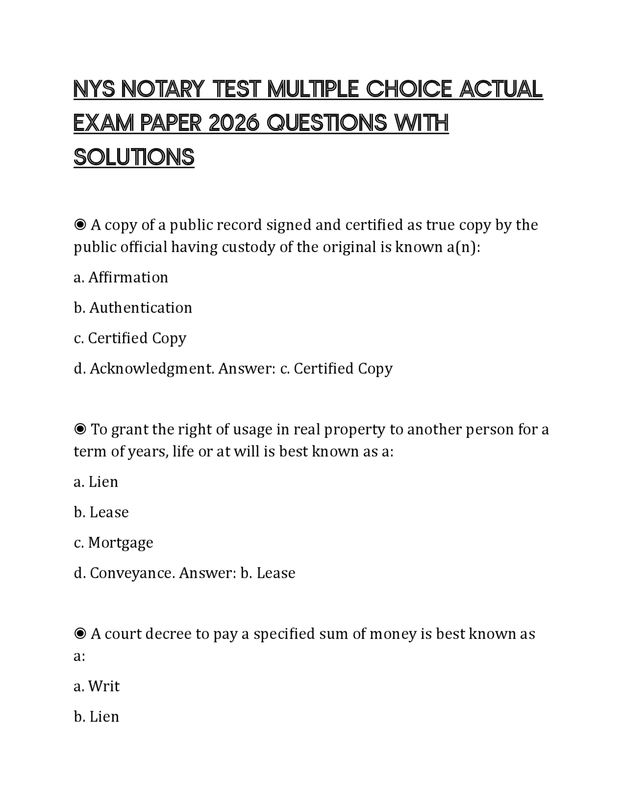 NYS NOTARY TEST MULTIPLE CHOICE ACTUAL EXAM PAPER 2026 QUESTIONS WITH ...
