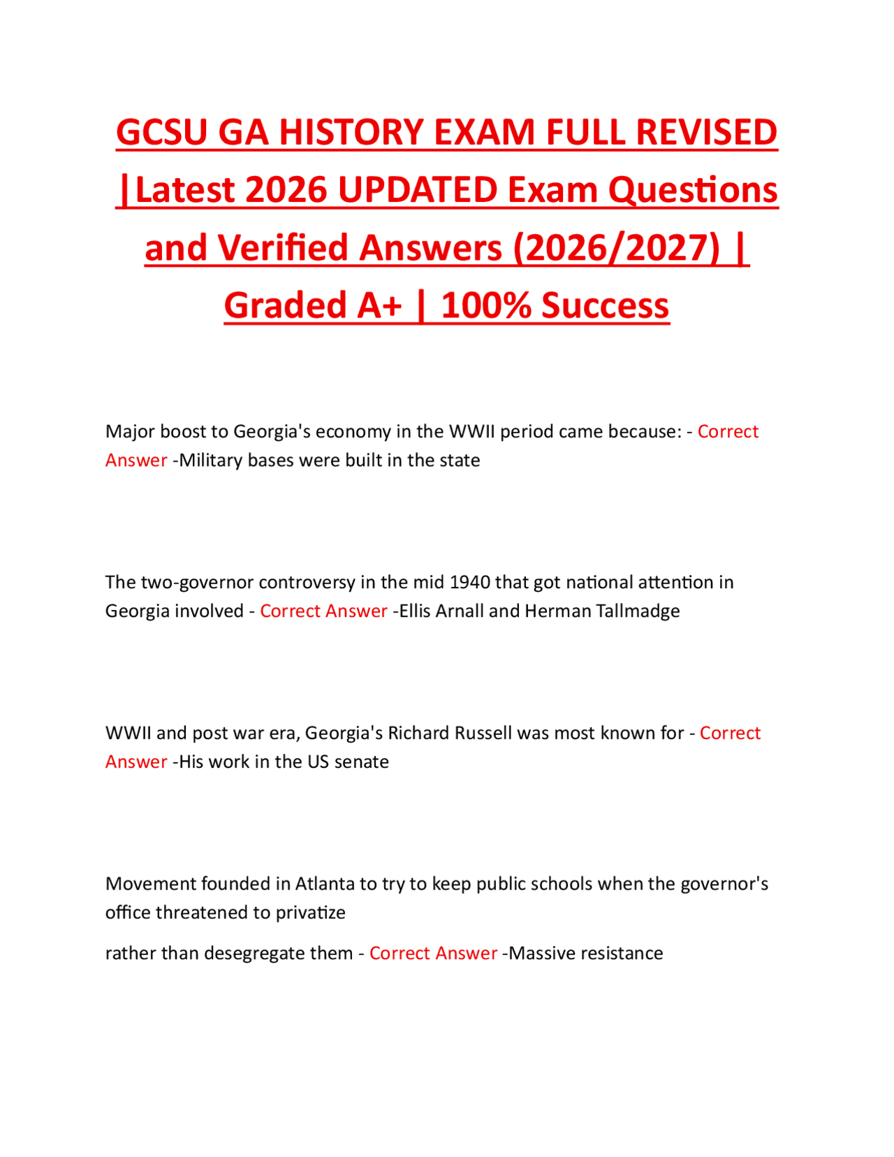 GCSU GA HISTORY EXAM FULL REVISED |Latest 2026 UPDATED Exam Questions ...