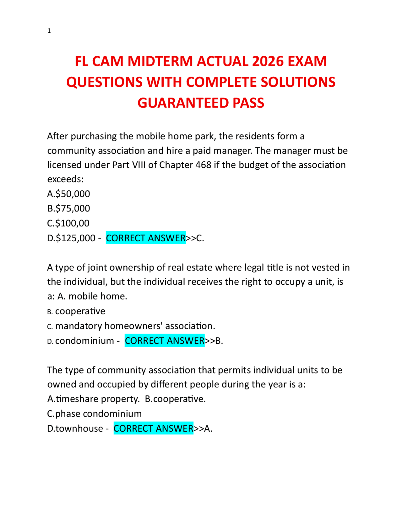 FL CAM MIDTERM ACTUAL 2026 EXAM QUESTIONS WITH COMPLETE SOLUTIONS ...