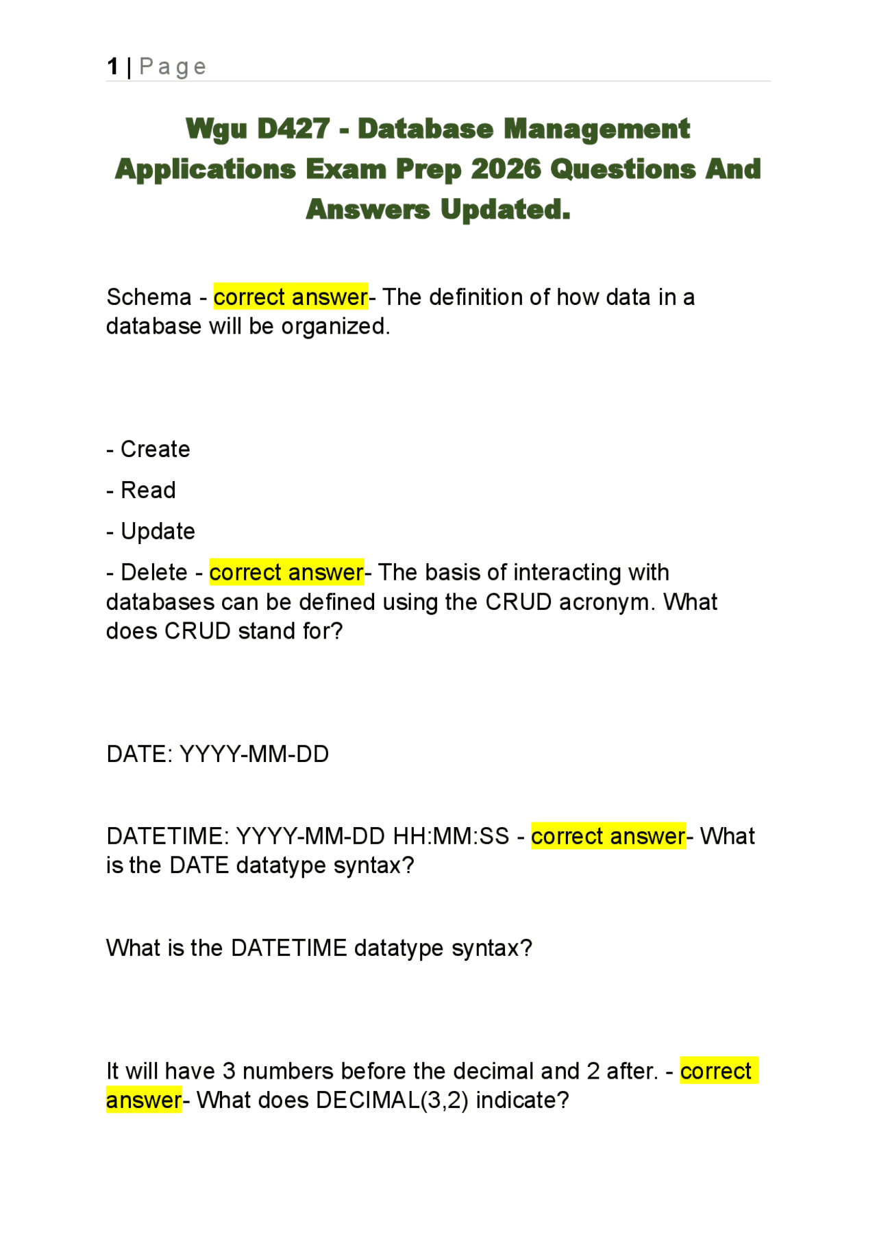 Wgu D427 - Database Management Applications Exam Prep 2026 | Exams ...