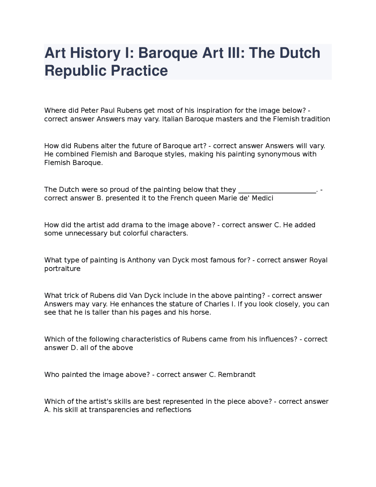 Art History I: Baroque Art III: The Dutch Republic Practice | Exams ...