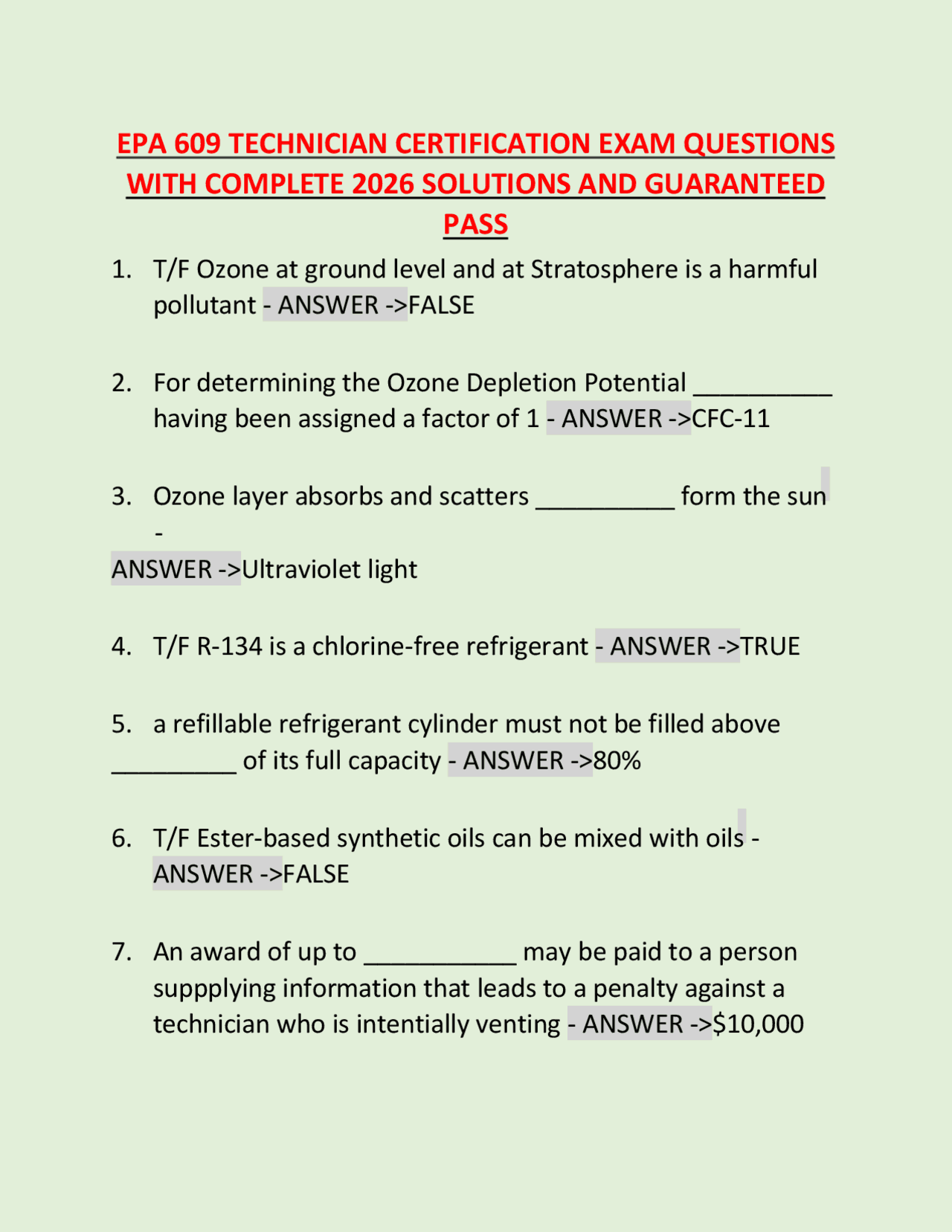 EPA 609 TECHNICIAN CERTIFICATION EXAM QUESTIONS WITH COMPLETE 2026 ...