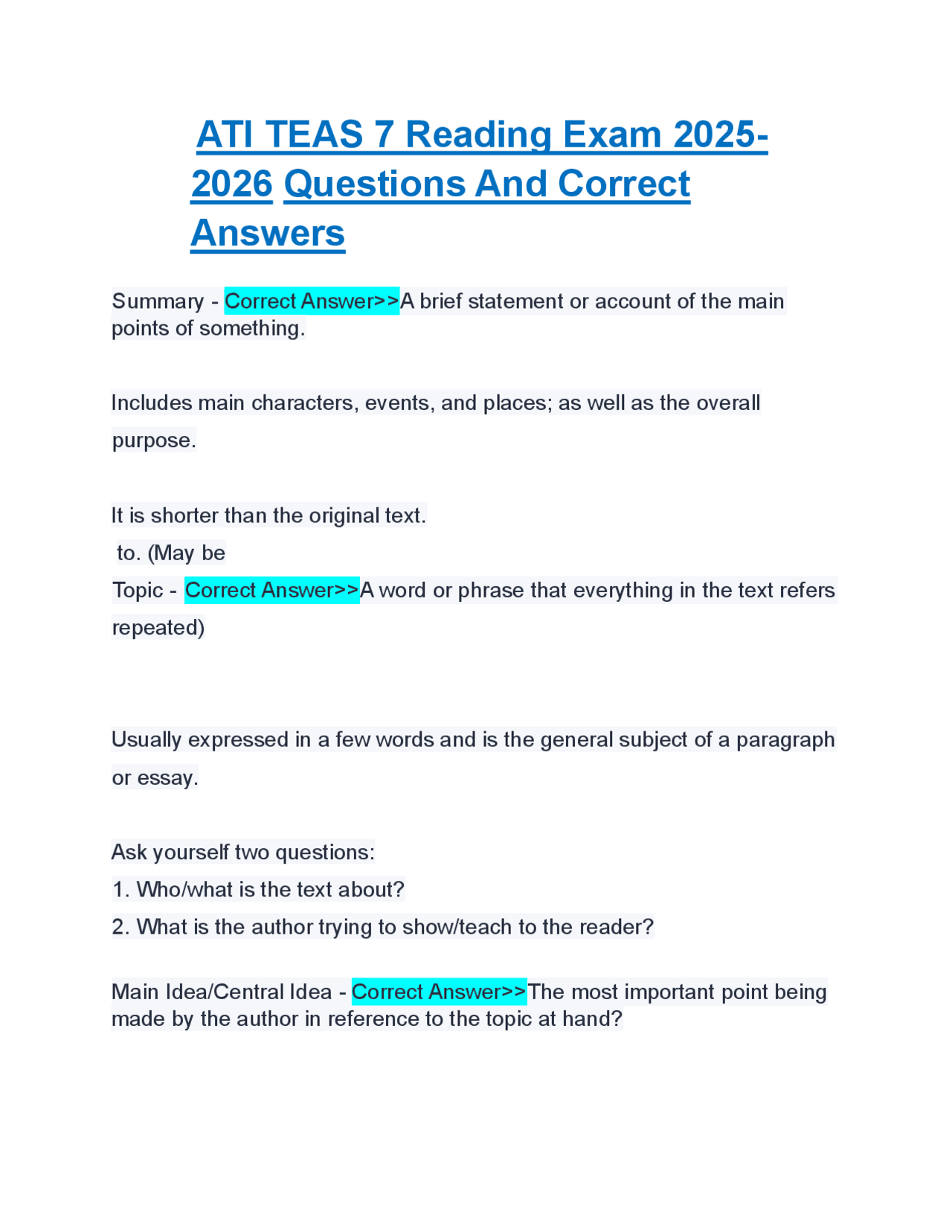 ATI TEAS 7 Reading Exam 2025- 2026 Questions And Correct Answers ...