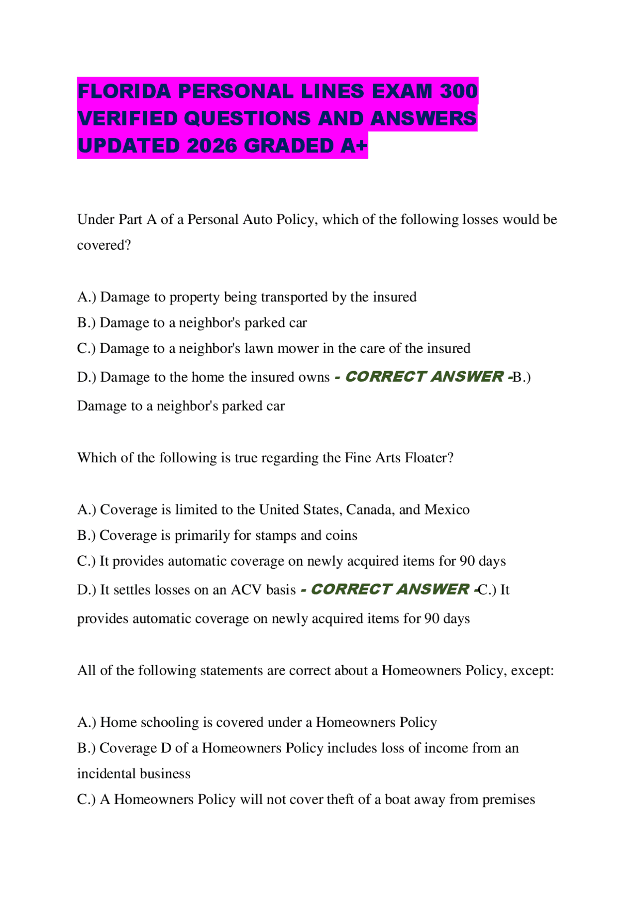 FLORIDA PERSONAL LINES EXAM 300 VERIFIED QUESTIONS AND ANSWERS UPDATED ...