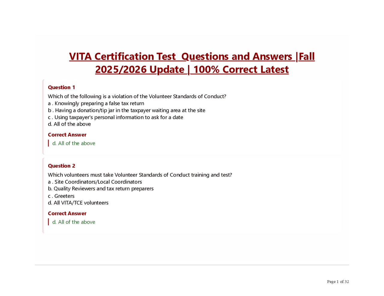 VITA Certification Test Questions and Answers | Exams Nursing | Docsity