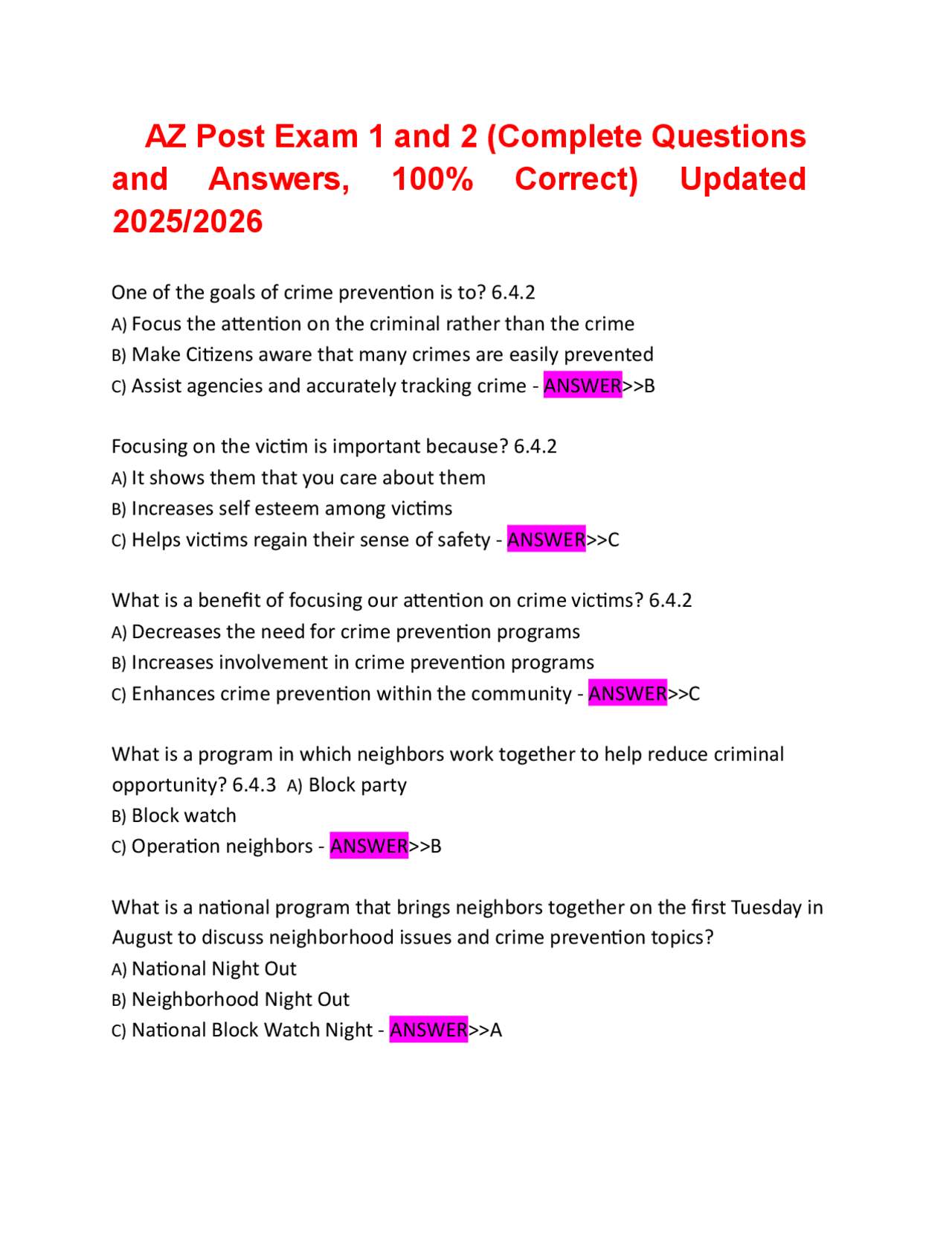 AZ Post Exam 1 and 2 (Complete Questions and Answers, 100% Correct ...