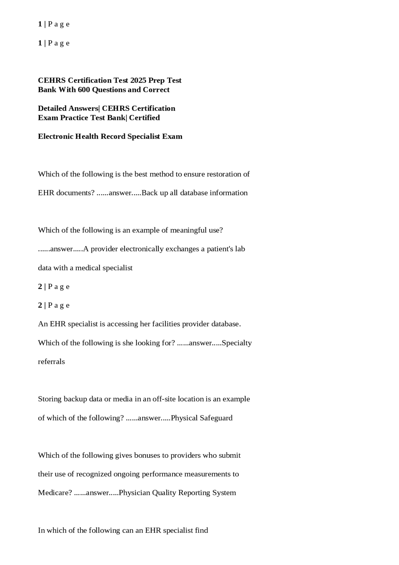 CEHRS Certification Test 2025 Prep Test Bank With 600 Questions and ...