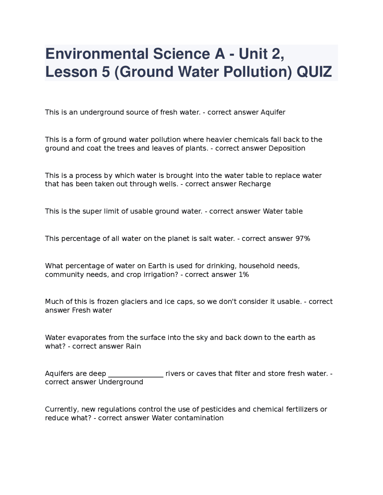 Environmental Science A - Unit 2, Lesson 5 (Ground Water Pollution ...