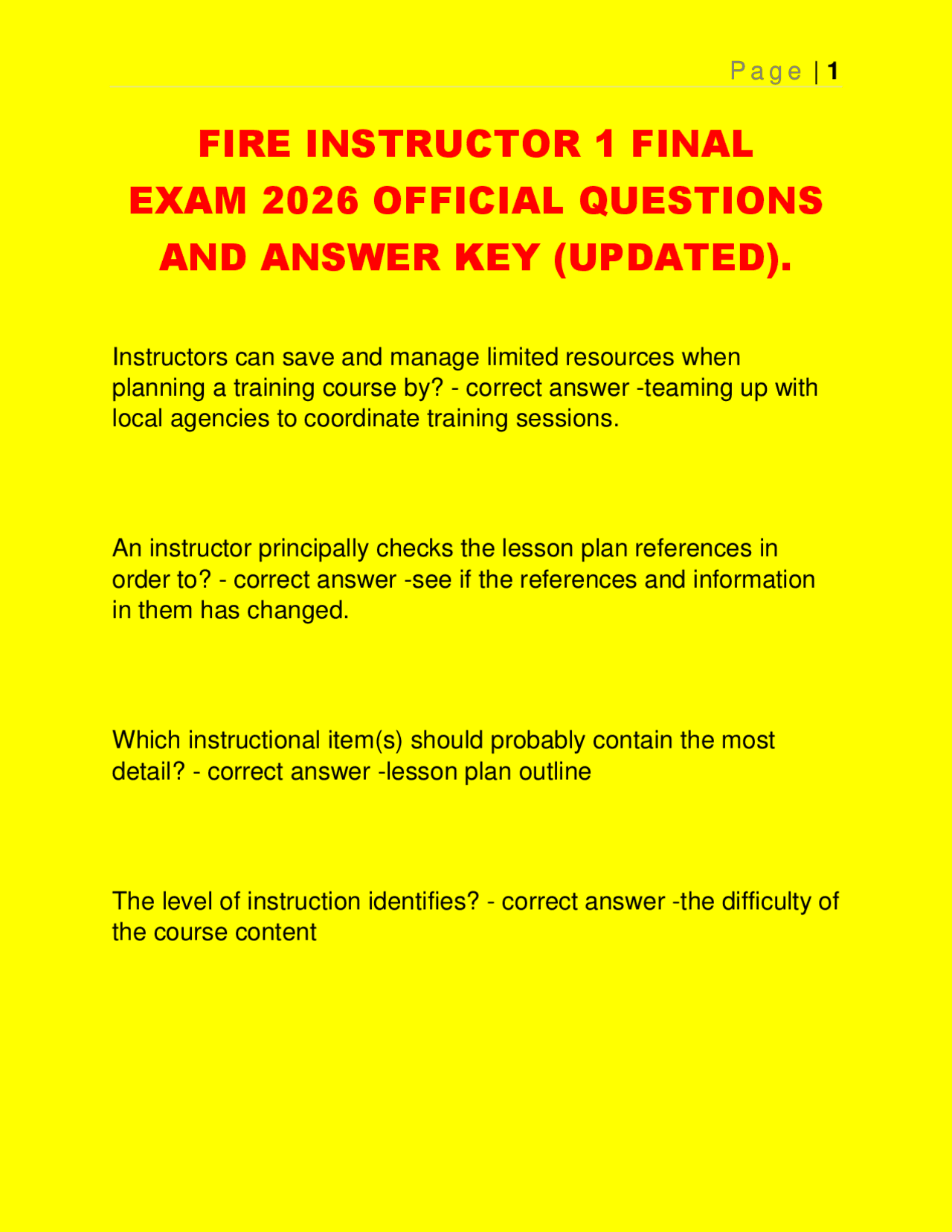FIRE INSTRUCTOR 1 FINAL EXAM 2026 OFFICIAL QUESTIONS AND ANSWER KEY ...