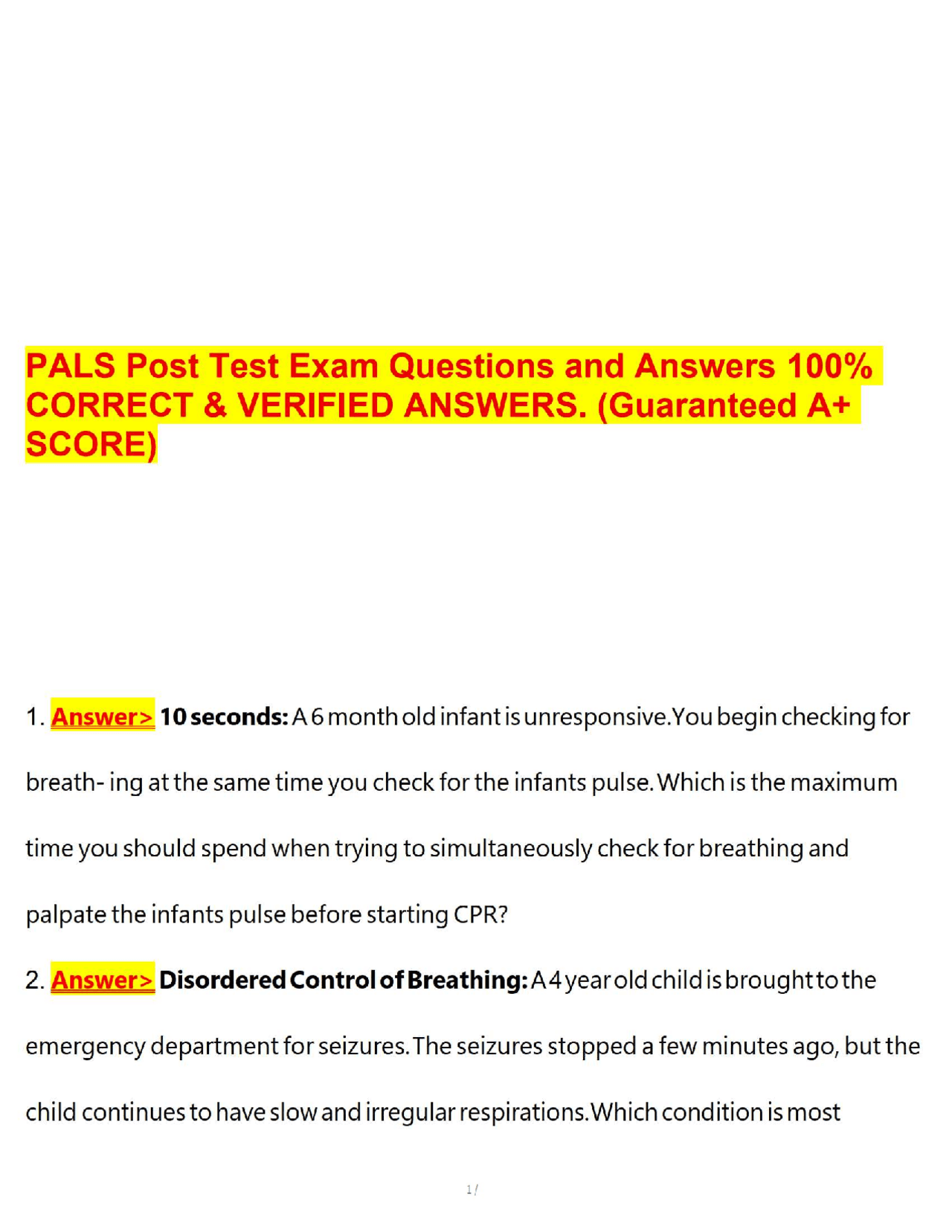 PALS Post Test Exam Questions and Answers 100% CORRECT & VERIFIED ...