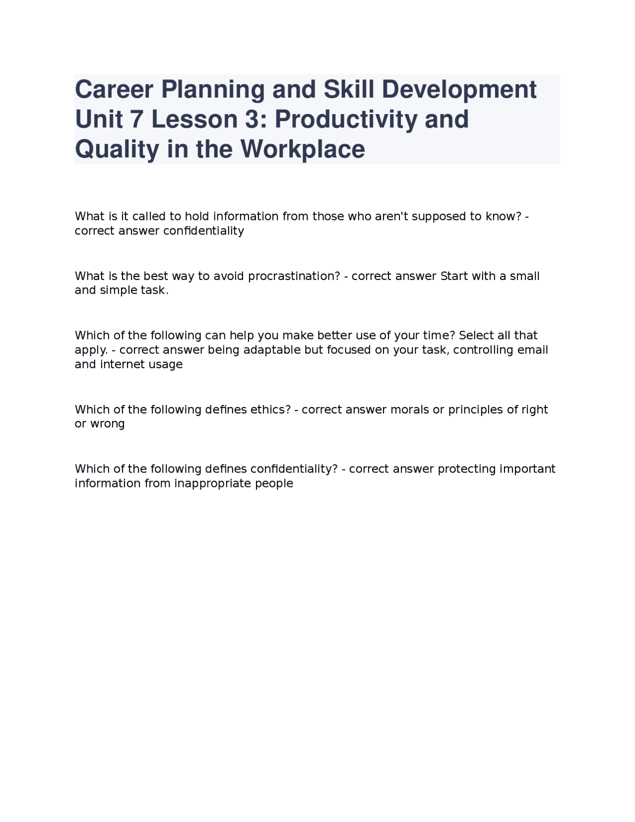 Career Planning and Skill Development Unit 7 Lesson 3: Productivity and ...