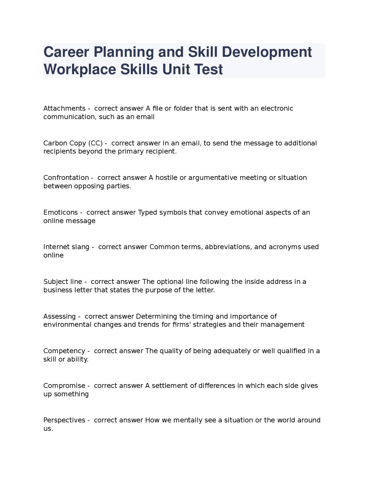 Career Planning and Skill Development Workplace Skills Unit Test ...
