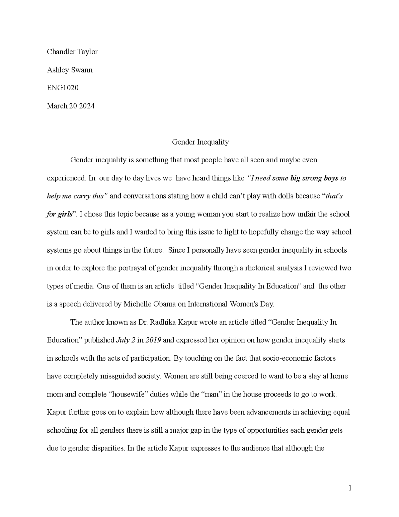 Final Essay On Gender Inequality | Essays (university) English ...