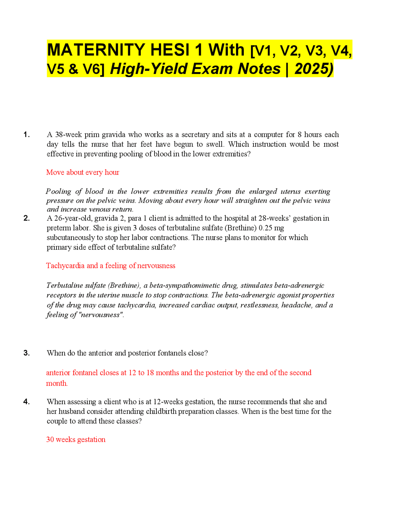 MATERNITY HESI 1 With [V1, V2, V3, V4, V5 & V6] High-Yield Exam Notes ...