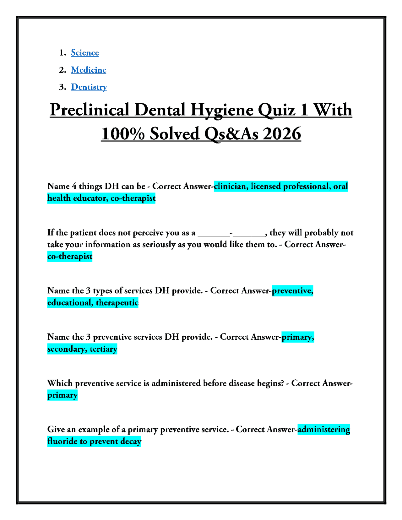 Preclinical Dental Hygiene Quiz 1 With 100% Solved Qs&As 2026 | Quizzes ...