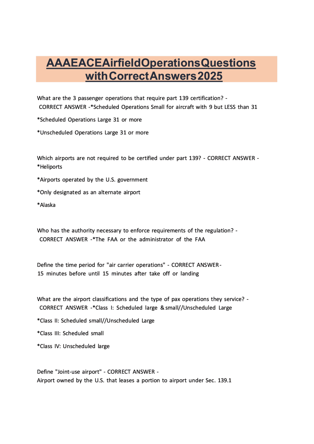 AAAE ACE Airfield Operations Practice Questions with Verified Answers ...