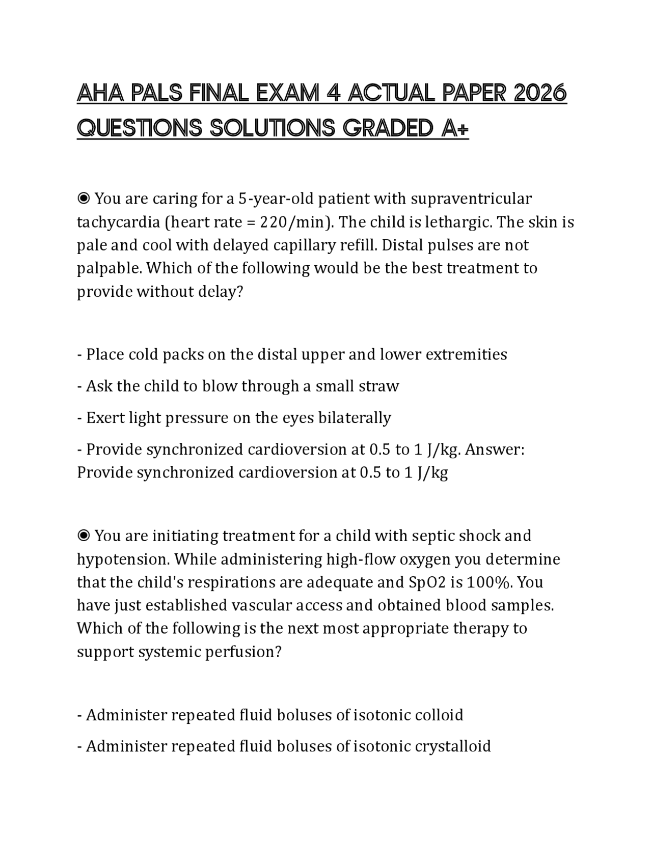 AHA PALS FINAL EXAM 4 ACTUAL PAPER 2026 QUESTIONS SOLUTIONS GRADED A+ ...