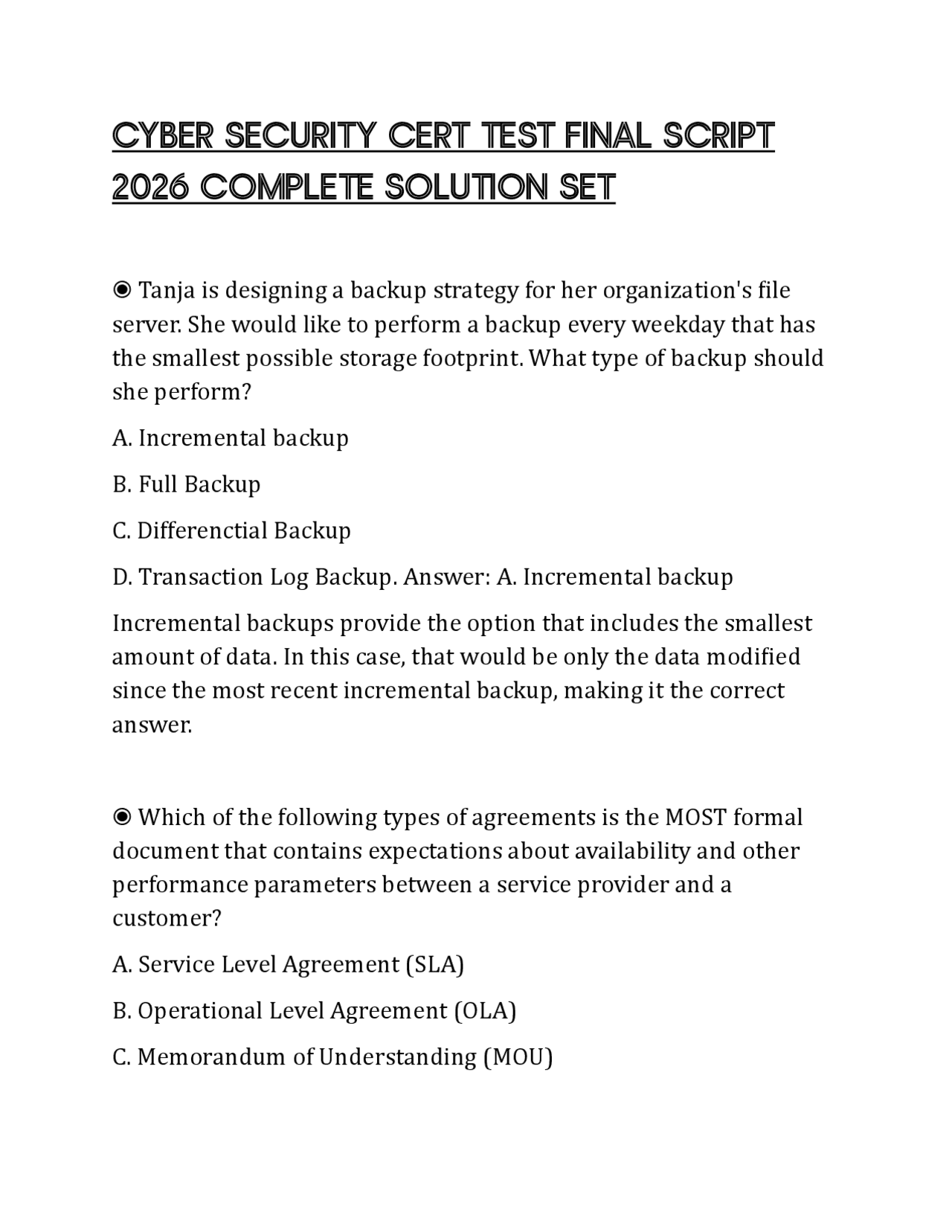 CYBER SECURITY CERT TEST FINAL SCRIPT 2026 COMPLETE SOLUTION SET ...