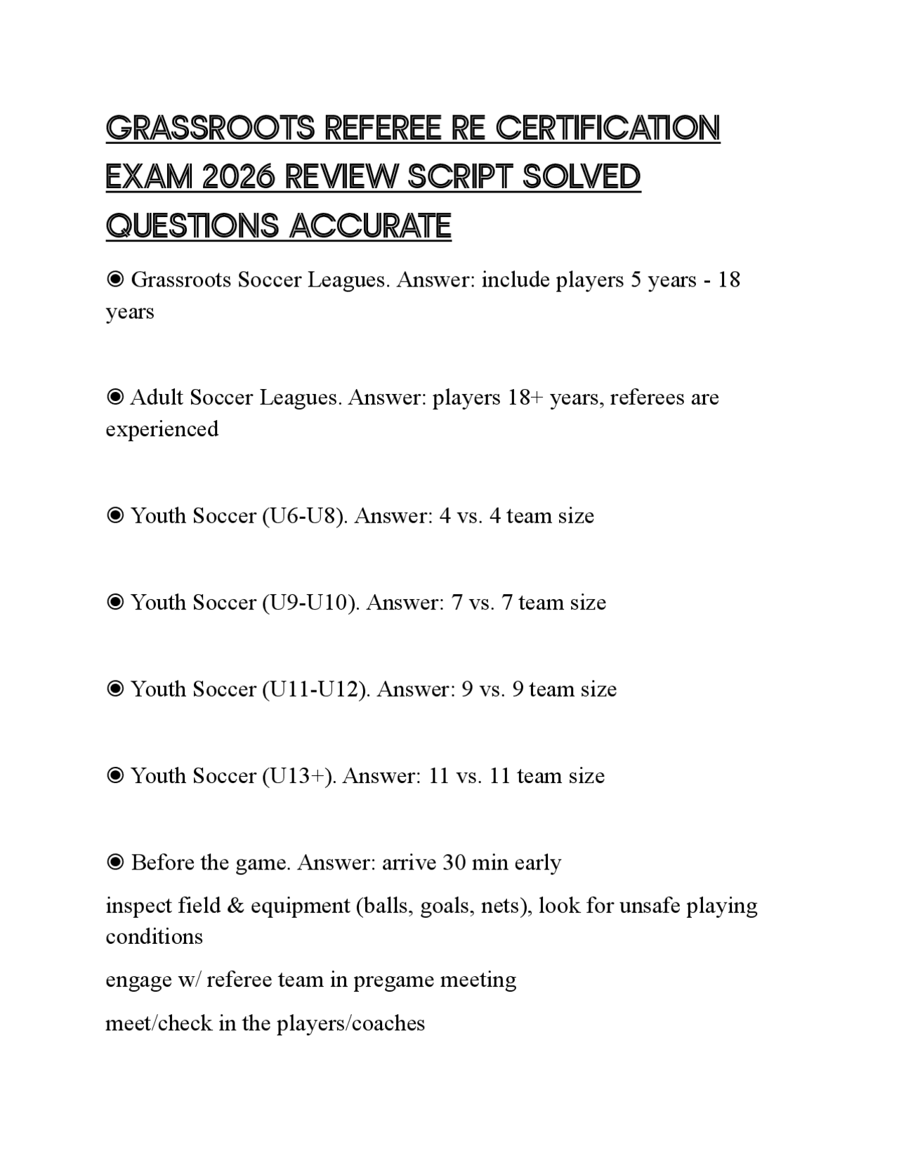GRASSROOTS REFEREE RE CERTIFICATION EXAM 2026 PROFESSIONAL PREP PACK ...