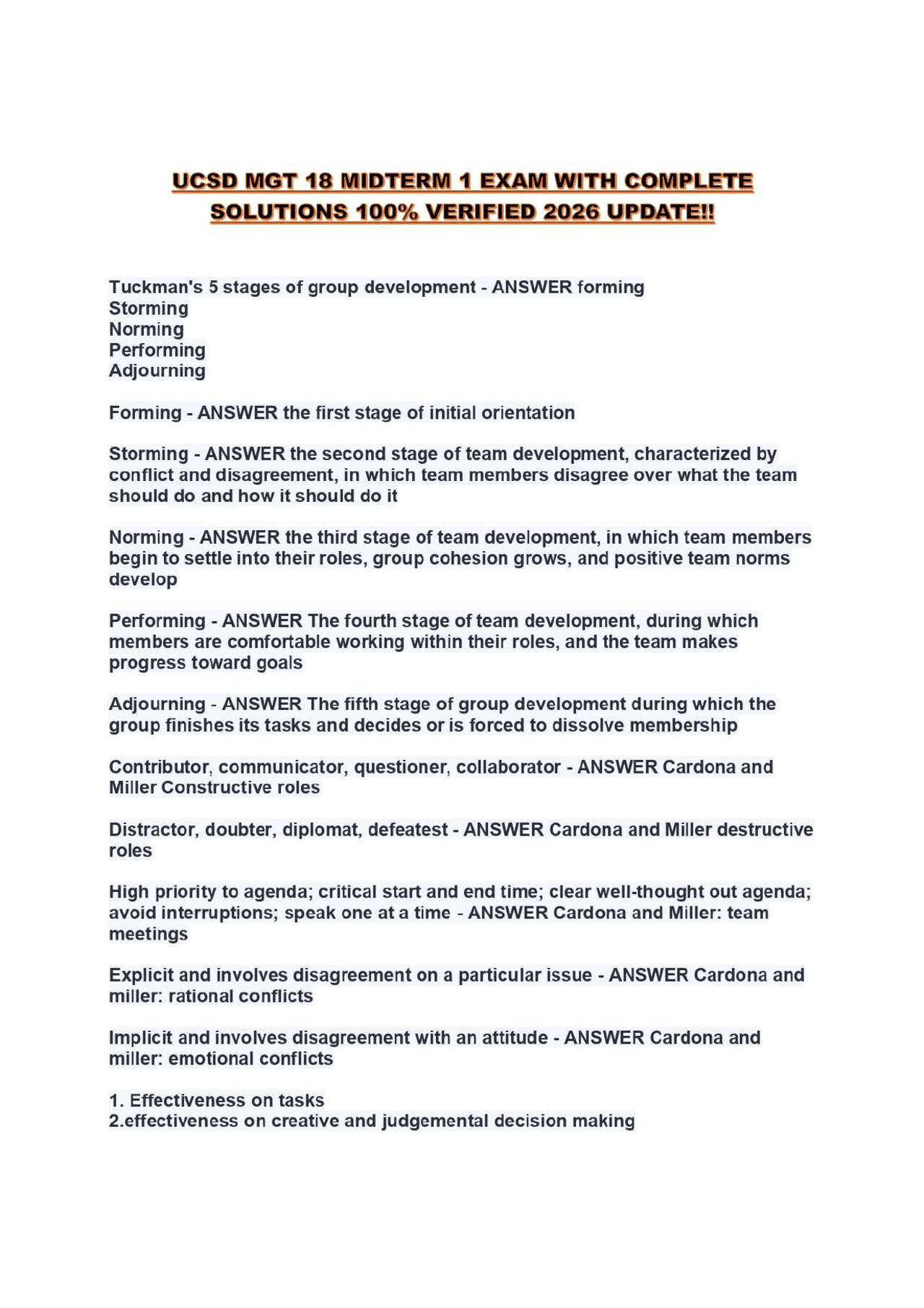 UCSD MGT 18 MIDTERM 1 EXAM WITH COMPLETE SOLUTIONS 100% VERIFIED 2026 ...