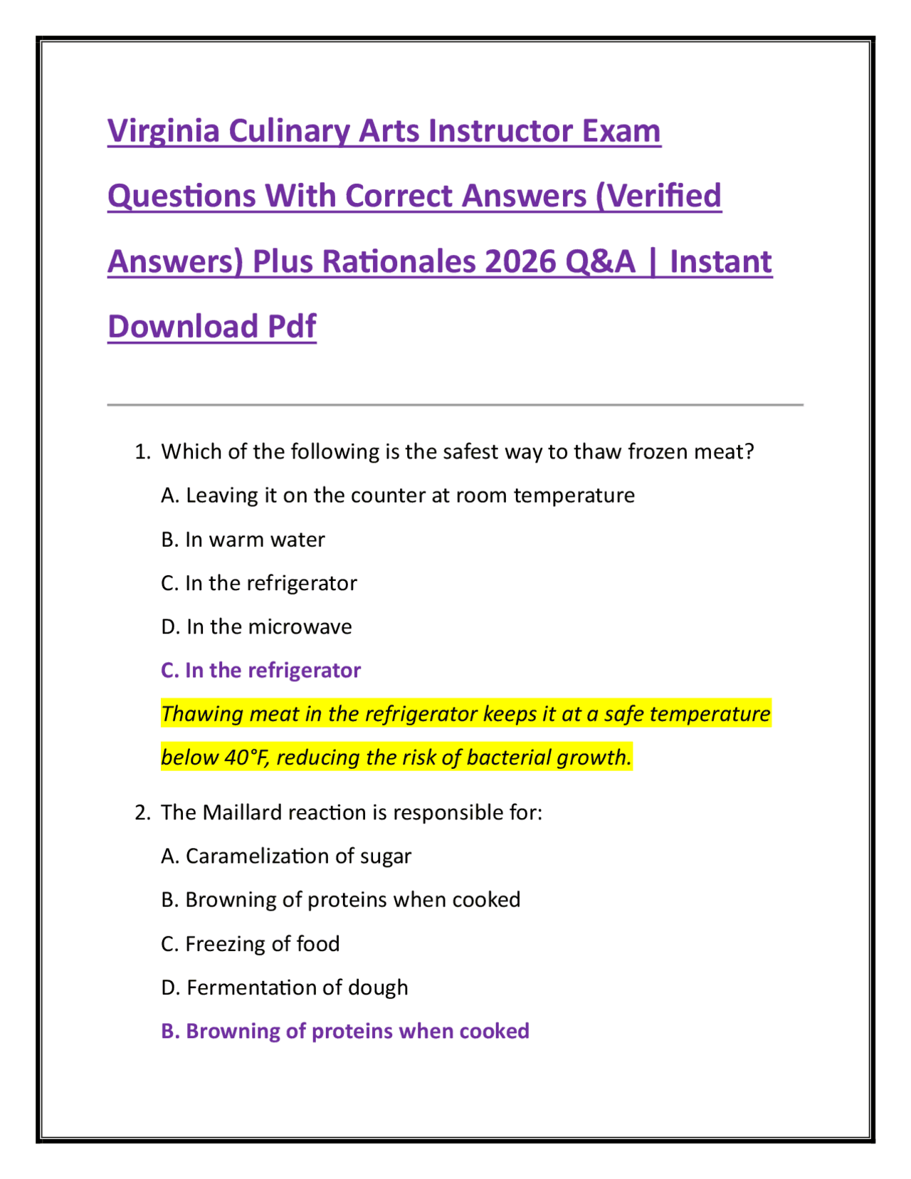 Virginia Culinary Arts Instructor Exam Questions With Correct Answers ...