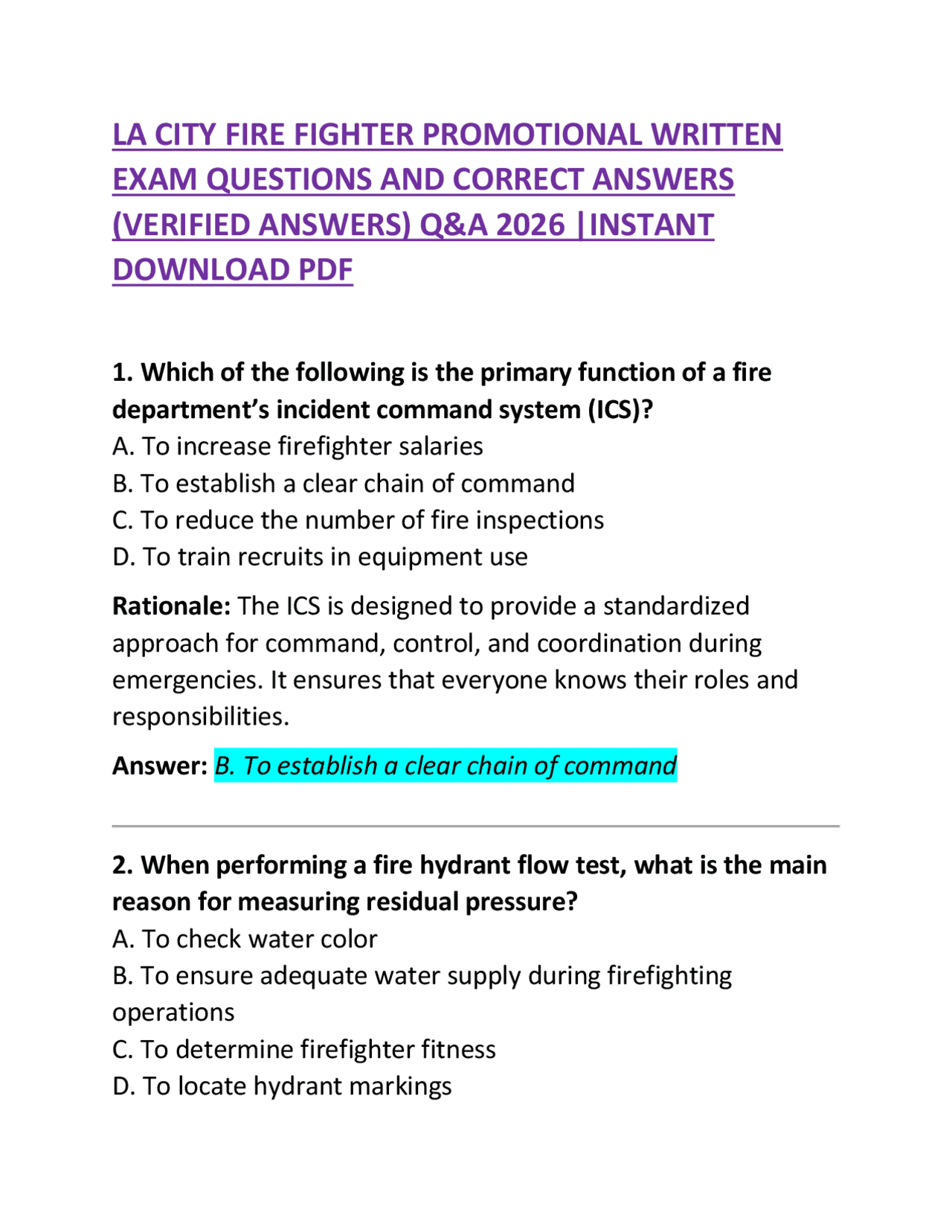 LA City Firefighter Promotional Written Exam Practice Questions and ...