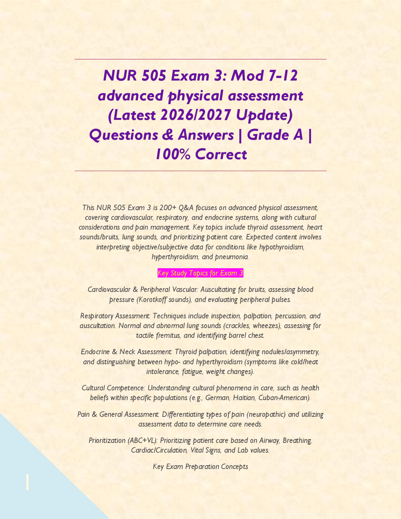 NUR 505 Exam 3: Mod 7-12 advanced physical assessment (Latest 2026/2027 ...